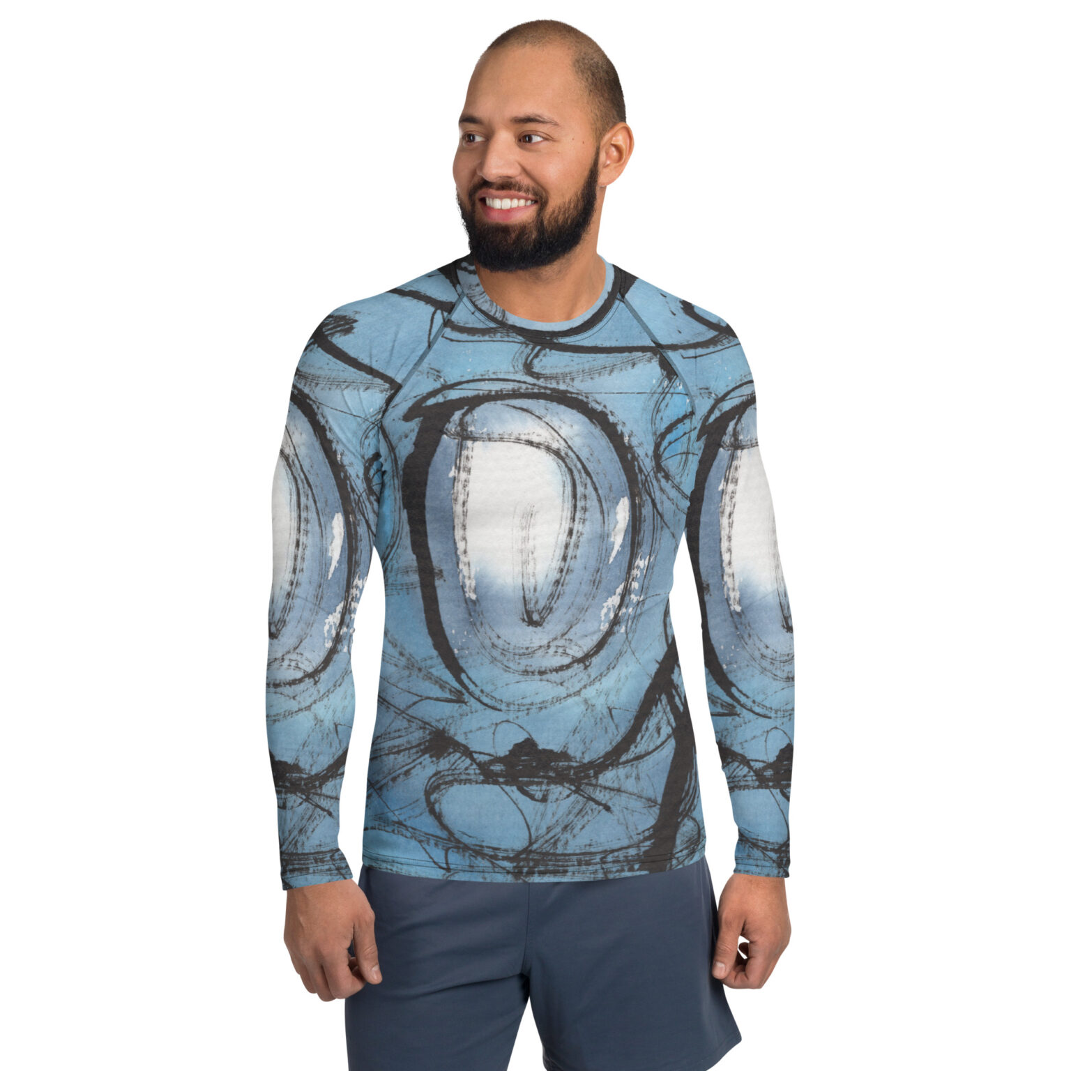 Men’s Blue and Gray Rash Guard – Blue Glass Barrel – Shelly Rae Designs
